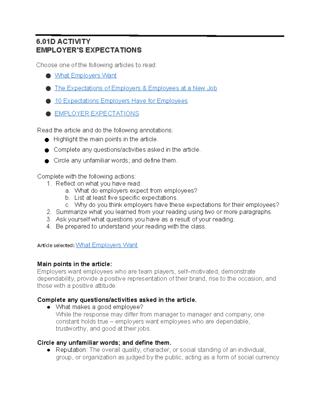 BE 6.01 Employers' Expectations Activity Guide - Studocu