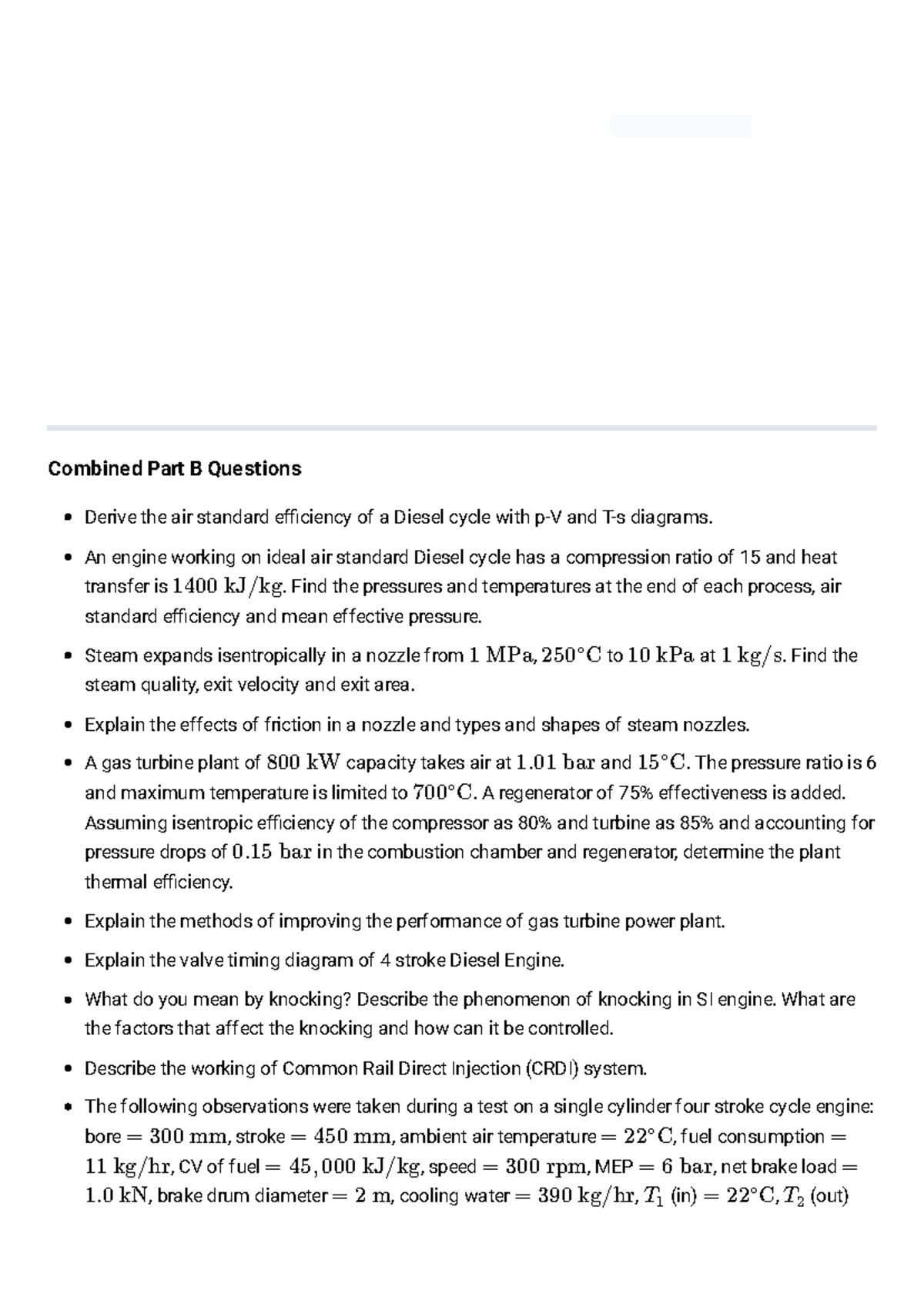 Thermal Engineering 2 - Mark Questions Answered: Diesel Cycle & Gas ...