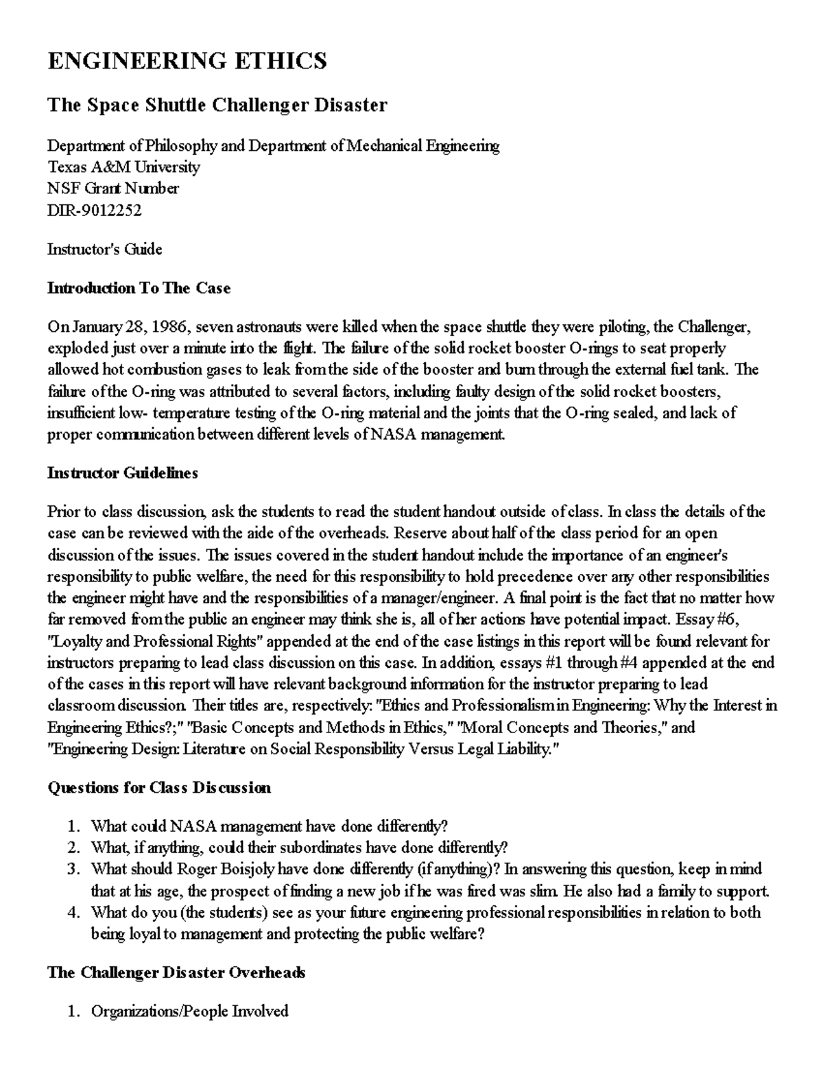 ENGR 101: Engineering Ethics - The Challenger Disaster Case Study - Studocu