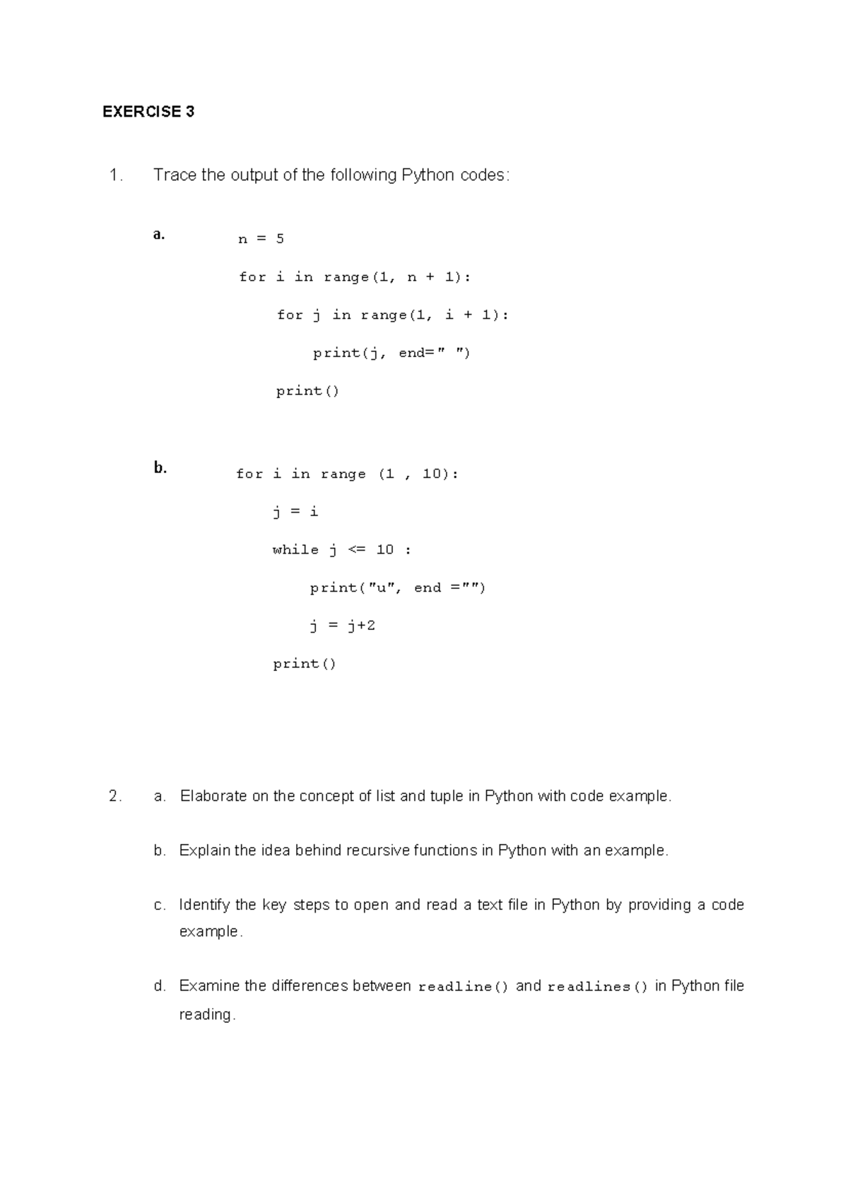 SET 3 Exercise - Python Code Output & Concepts - Studocu