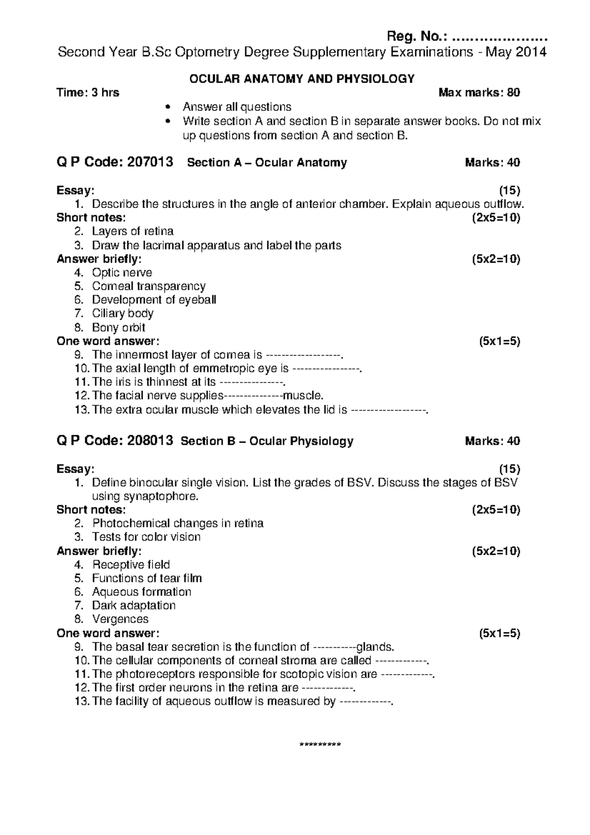 BSC Optometry 2nd Year Exam QP May 2014: Ocular Anatomy & Physiology ...