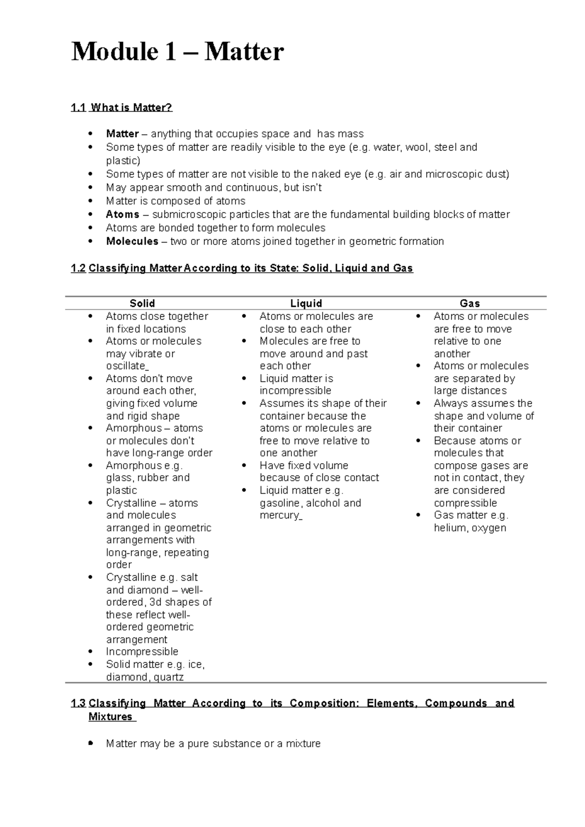 Module 1 - Matter - Lecture notes 1 - Module 1 Matter 1 What is Matter ...