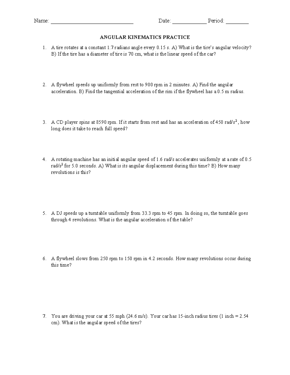 Angular Kinematics Practice Exercises for Physics Course 101 - Studocu