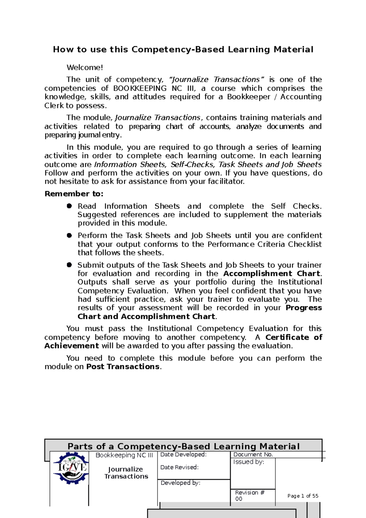 Bookkeeping NC III: Journalizing Transactions Competency Module - Studocu