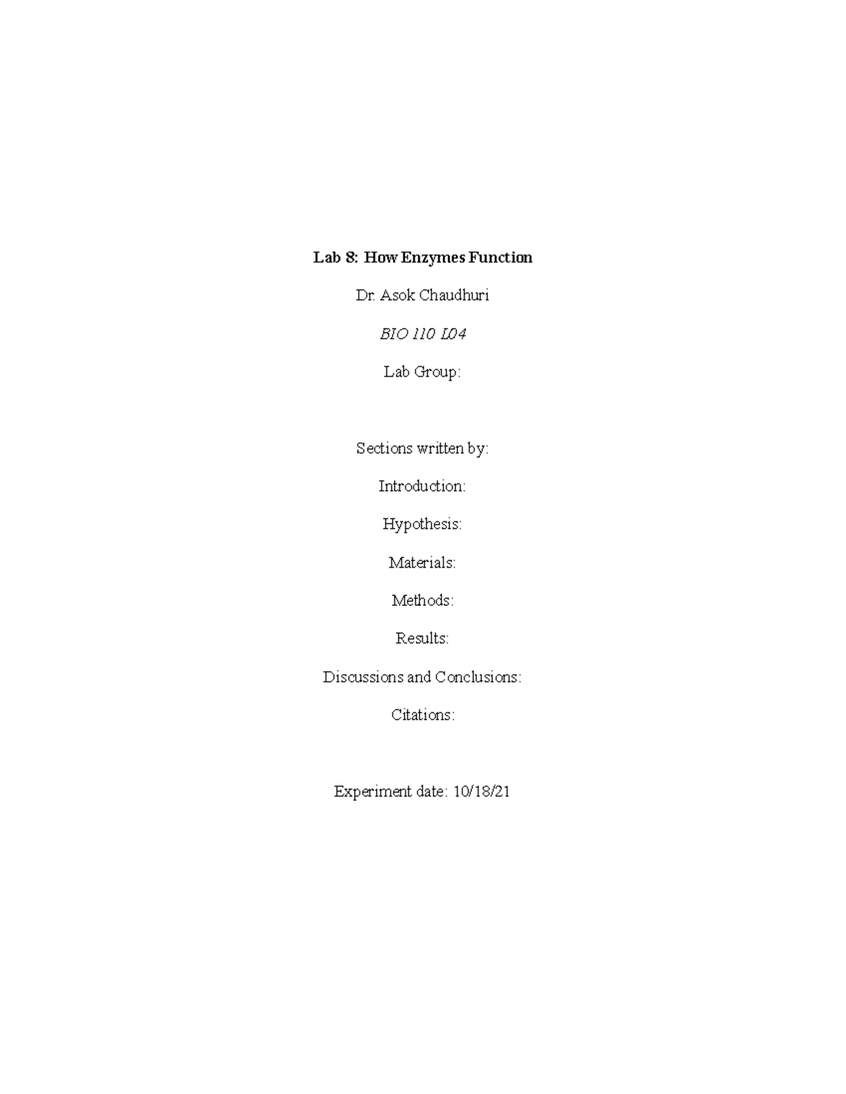 Lab Report 2 - BIO 110 L: Enzyme Function Results & Analysis - Studocu