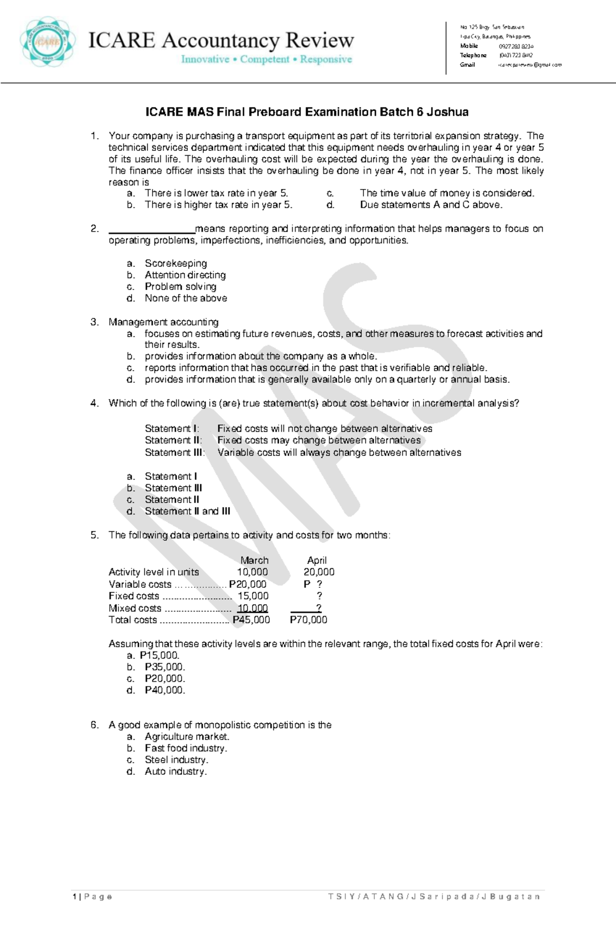 Final Preboard Exam Review Notes for MS Icare - Batch 6 - Studocu