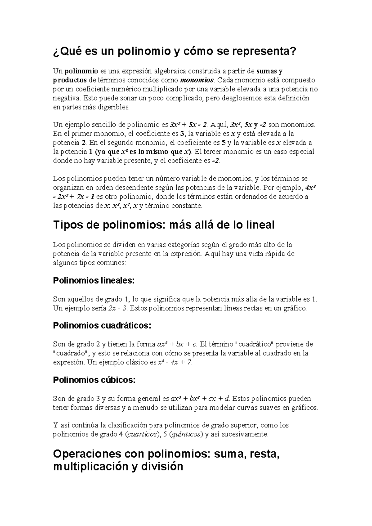 Polinomios: Definición, Tipos y Operaciones Básicas - Matemáticas 101 ...