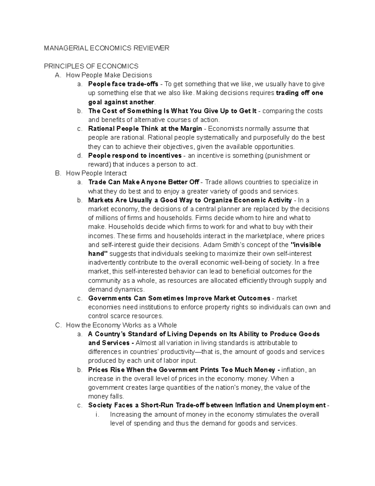 Managerial Economics (ECO 101) Final Exam Reviewer: Key Concepts & Principles - Studocu