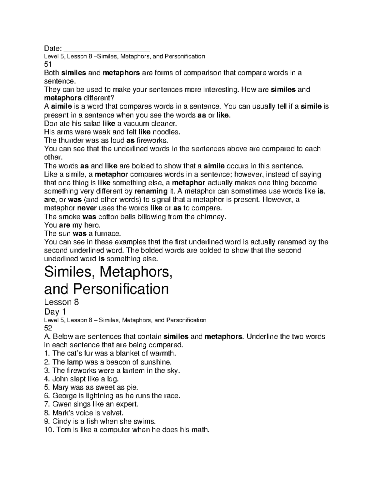 Simile and Metaphor and Personification Worksheets 17vddle - Date ...