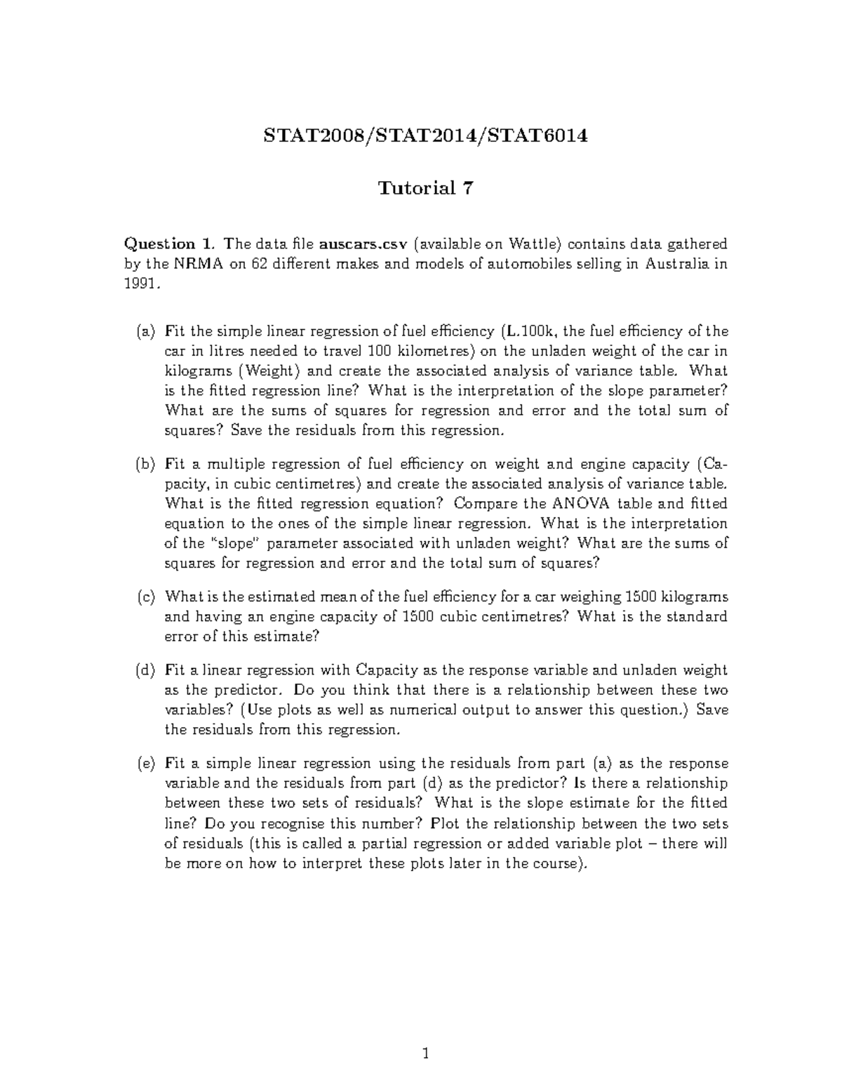 Tutorial 7: Regression Analysis of Fuel Efficiency & Weight (NRMA Data) - Studocu