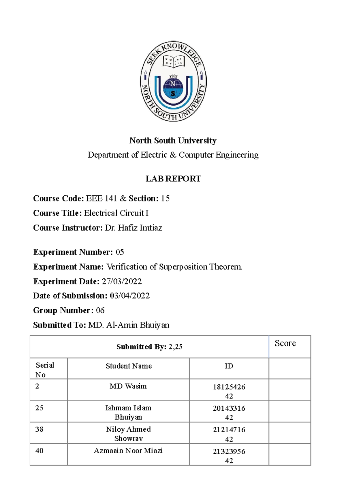 EEE141L-15 LAB-5 Group-6-Final - North South University Department of Electric & Computer - Studocu