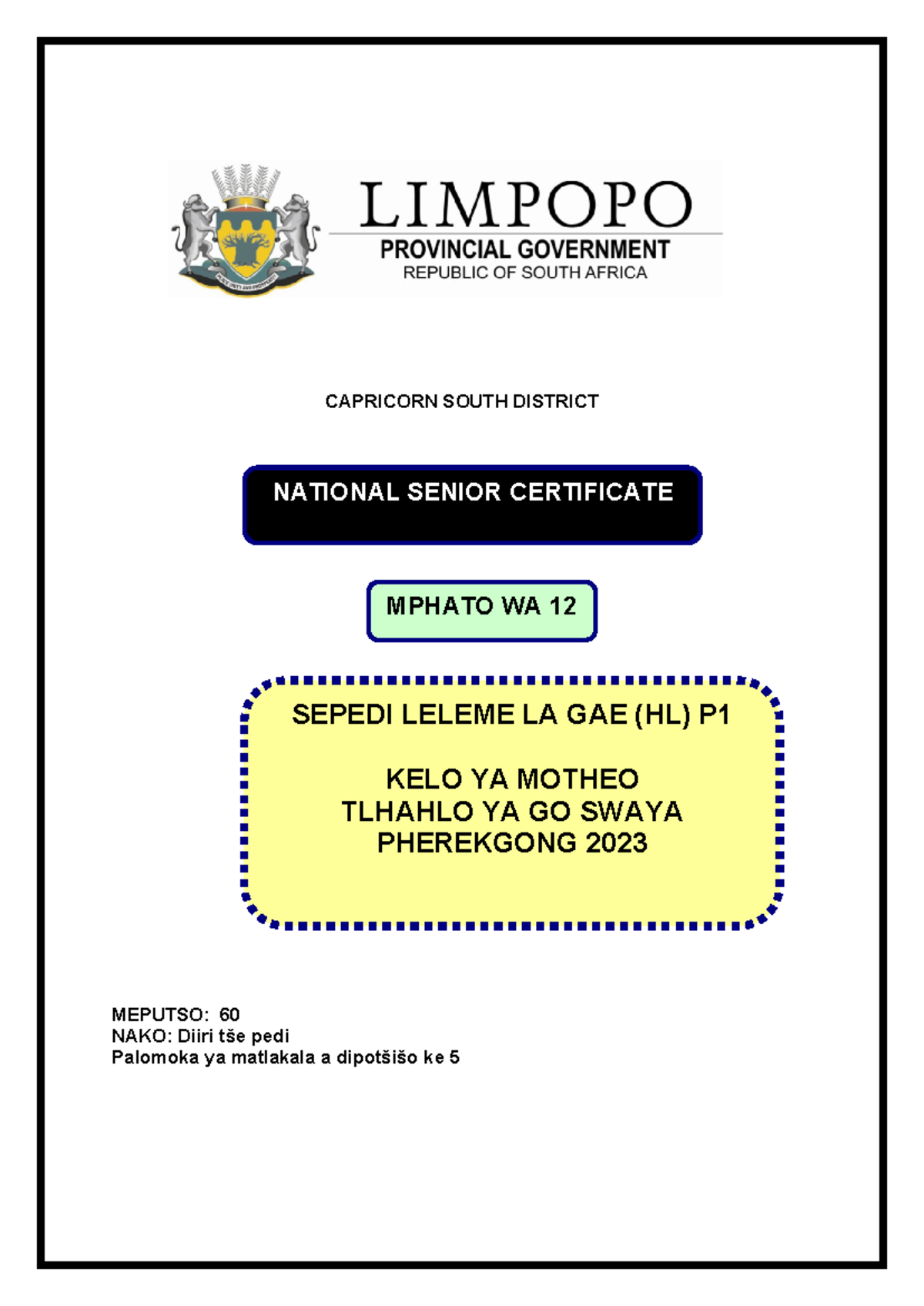 Grade 12 Sepedi HL P1 Baseline Assessment Memo - Capricorn South ...