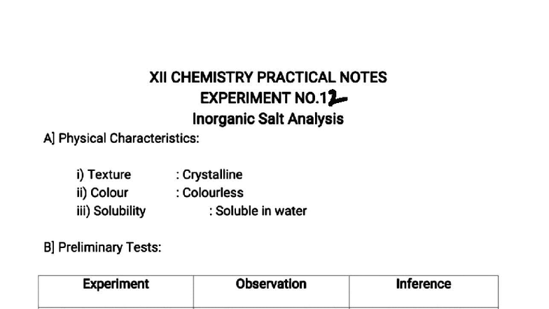 XII CHEMISTRY PRACTICAL NOTES: EXPERIMENT NO. 1 - Inorganic Salt ...