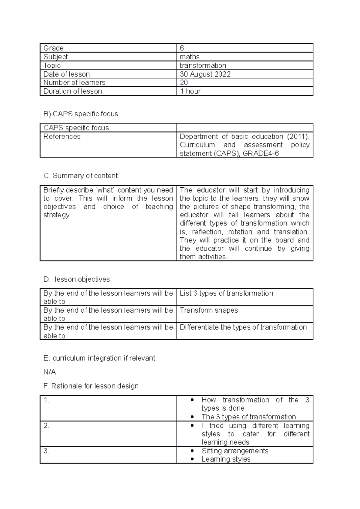 Grade 6 Maths: Transformation Lesson Plan and Activities - Studocu
