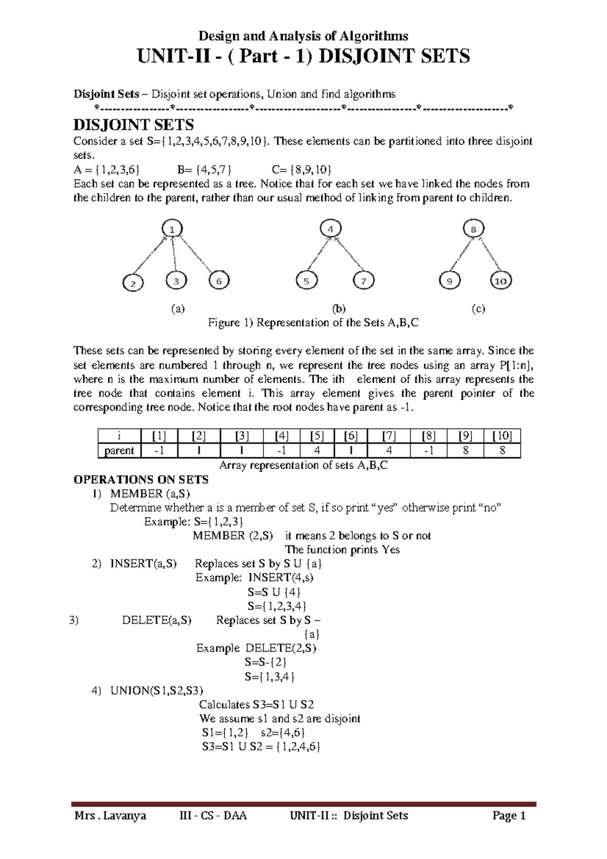DAA (Unit - 2) (Part - 1) - Lecture Notes on Disjoint Sets - Studocu