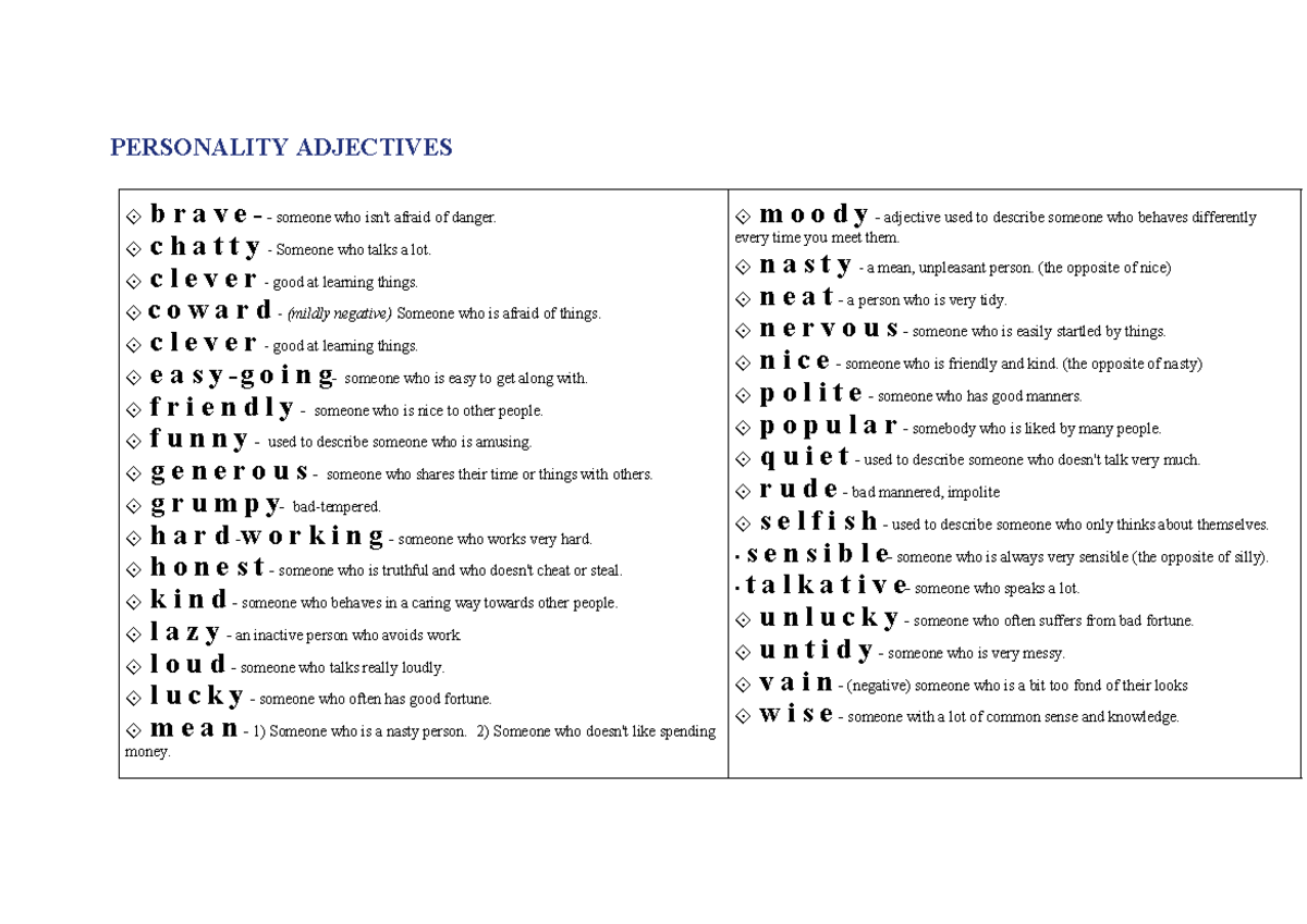 Personality Adjectives: Descriptions and Meanings - Studocu