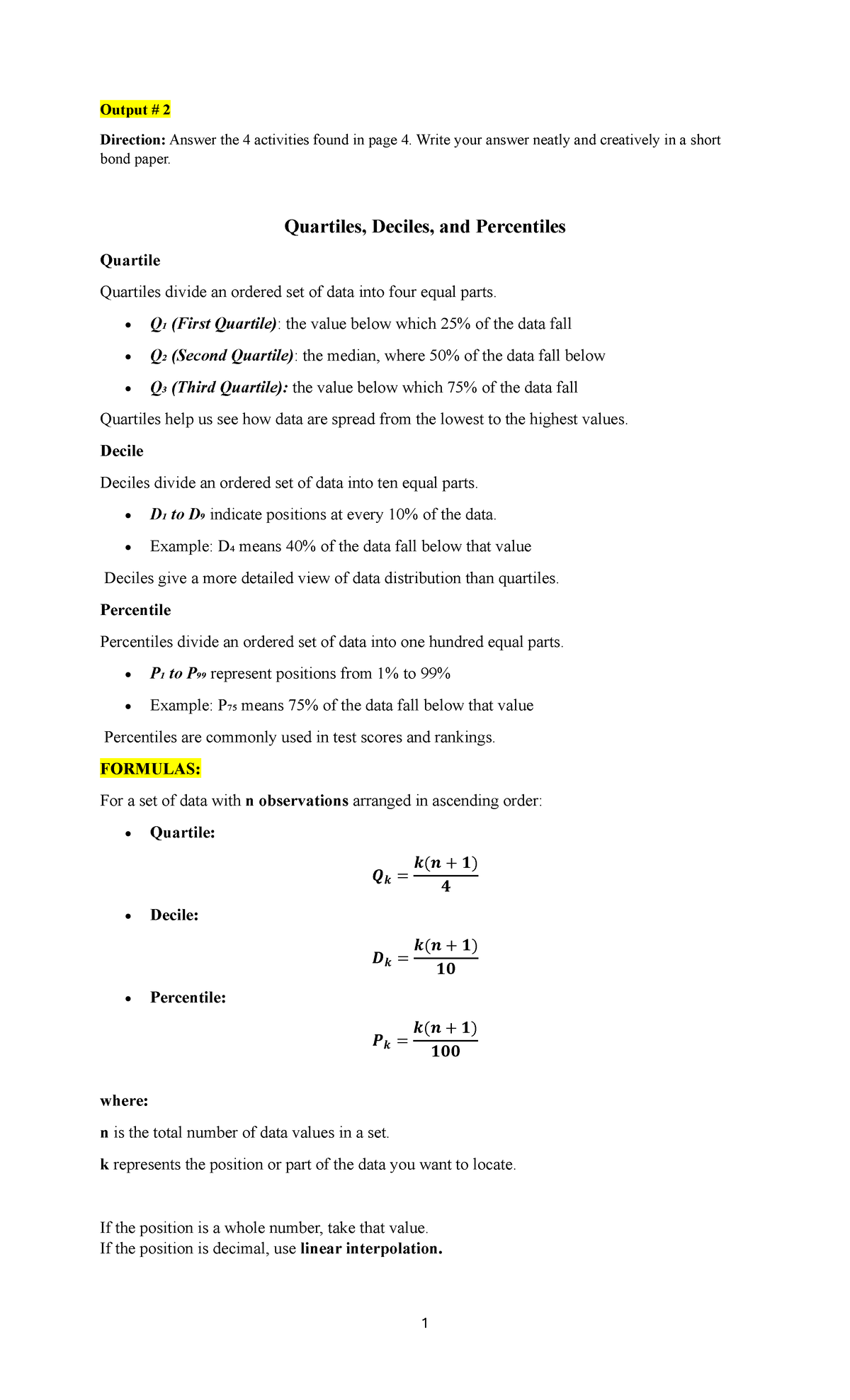Measures of Position Output 2: Quartiles, Deciles, and Percentiles ...
