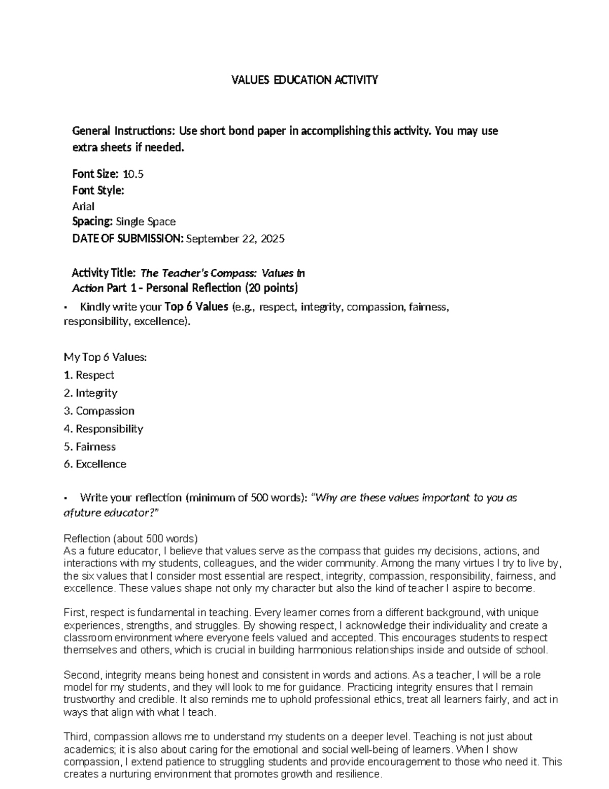 VALUES EDUCATION ACTIVITY: The Compass - Personal Reflection Essay - Studocu