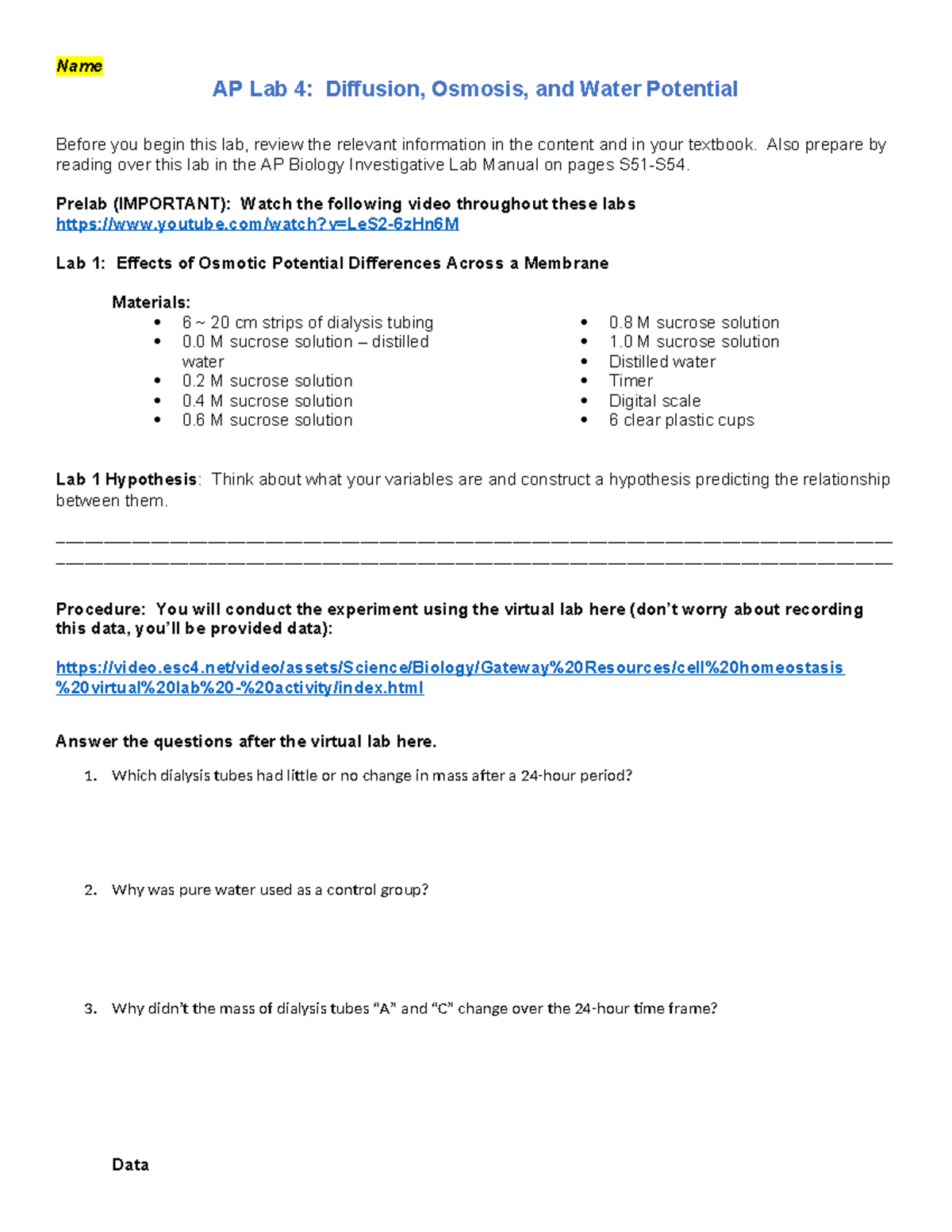 AP Biology Lab 4: Exploring Diffusion & Osmosis in Plant Cells - Studocu