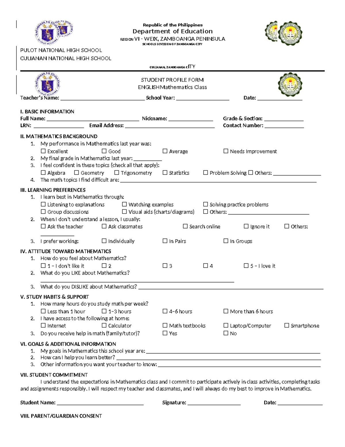 DAY 1 - Student Profile & Commitment Form for Math Class - Studocu