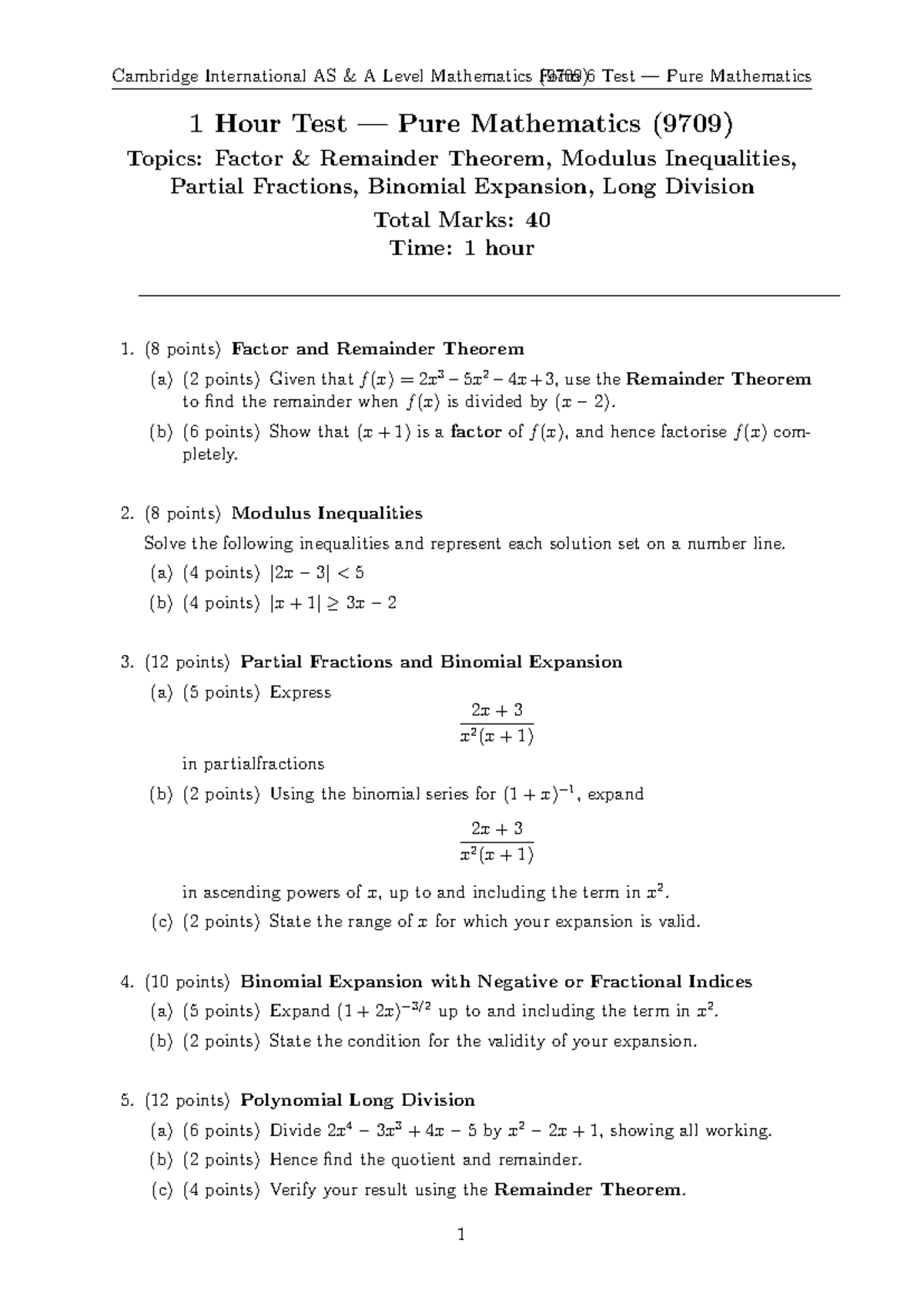 Cambridge International AS A Level Mathematics (9709) Pure Math Test ...