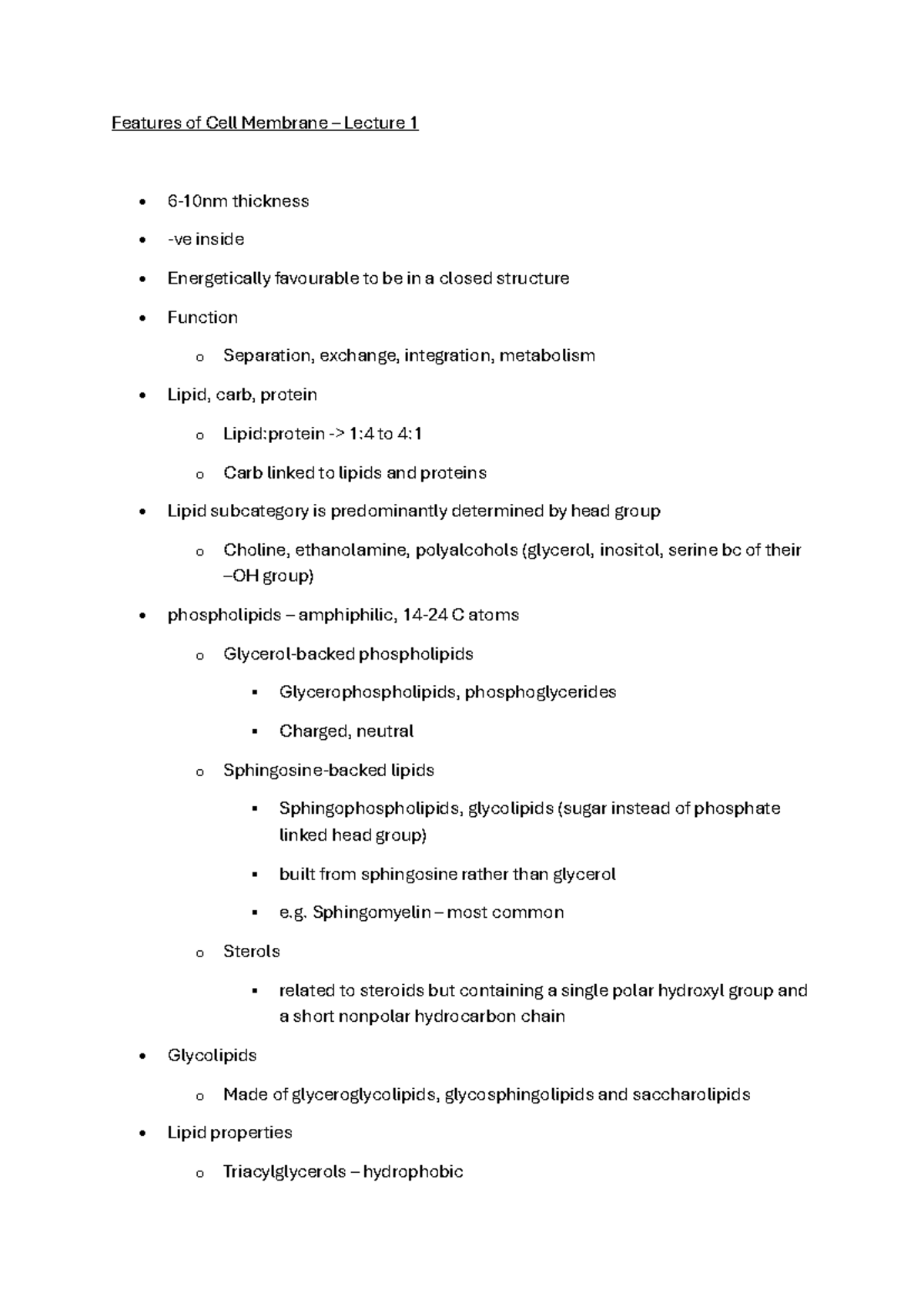 Cell Membrane Lecture 1: Structure, Function, and Lipid Types - Studocu