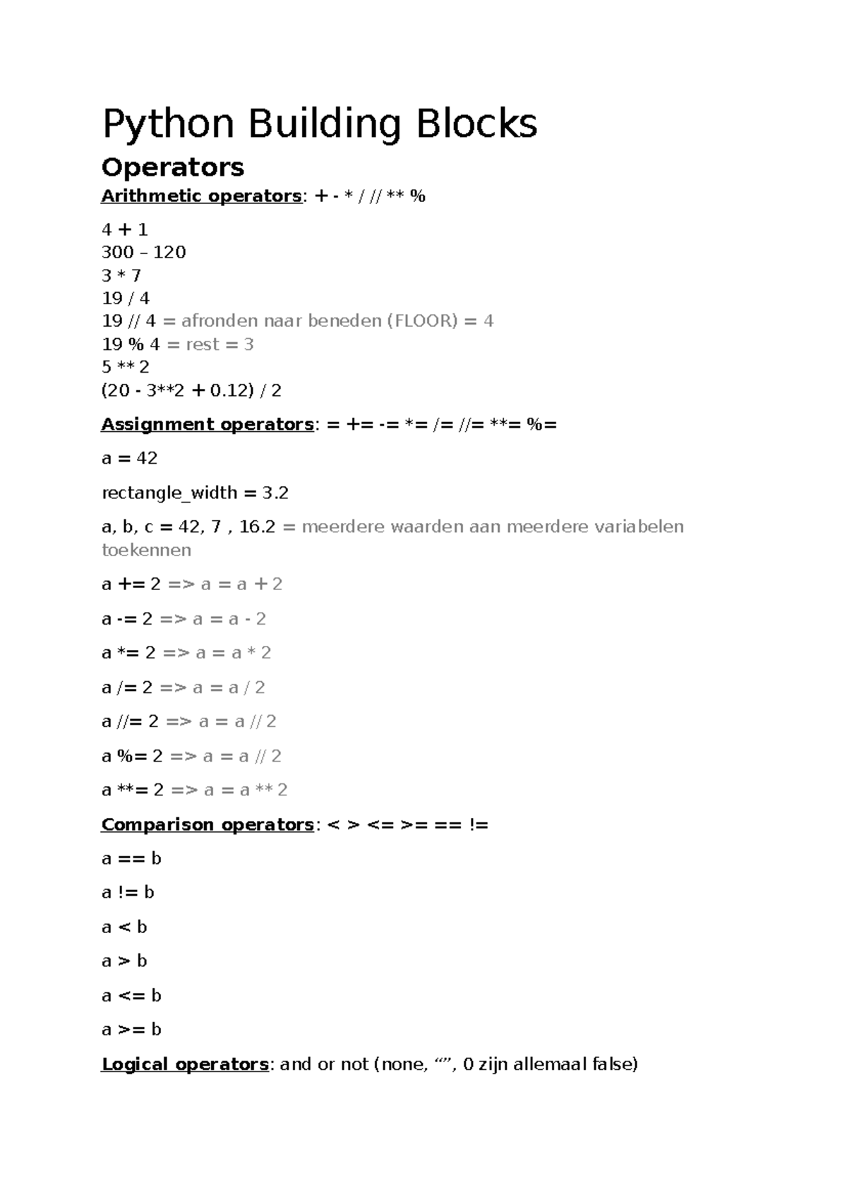 Uitleg Python Building Blocks - Python Building Blocks Operators Arithmetic operators ...