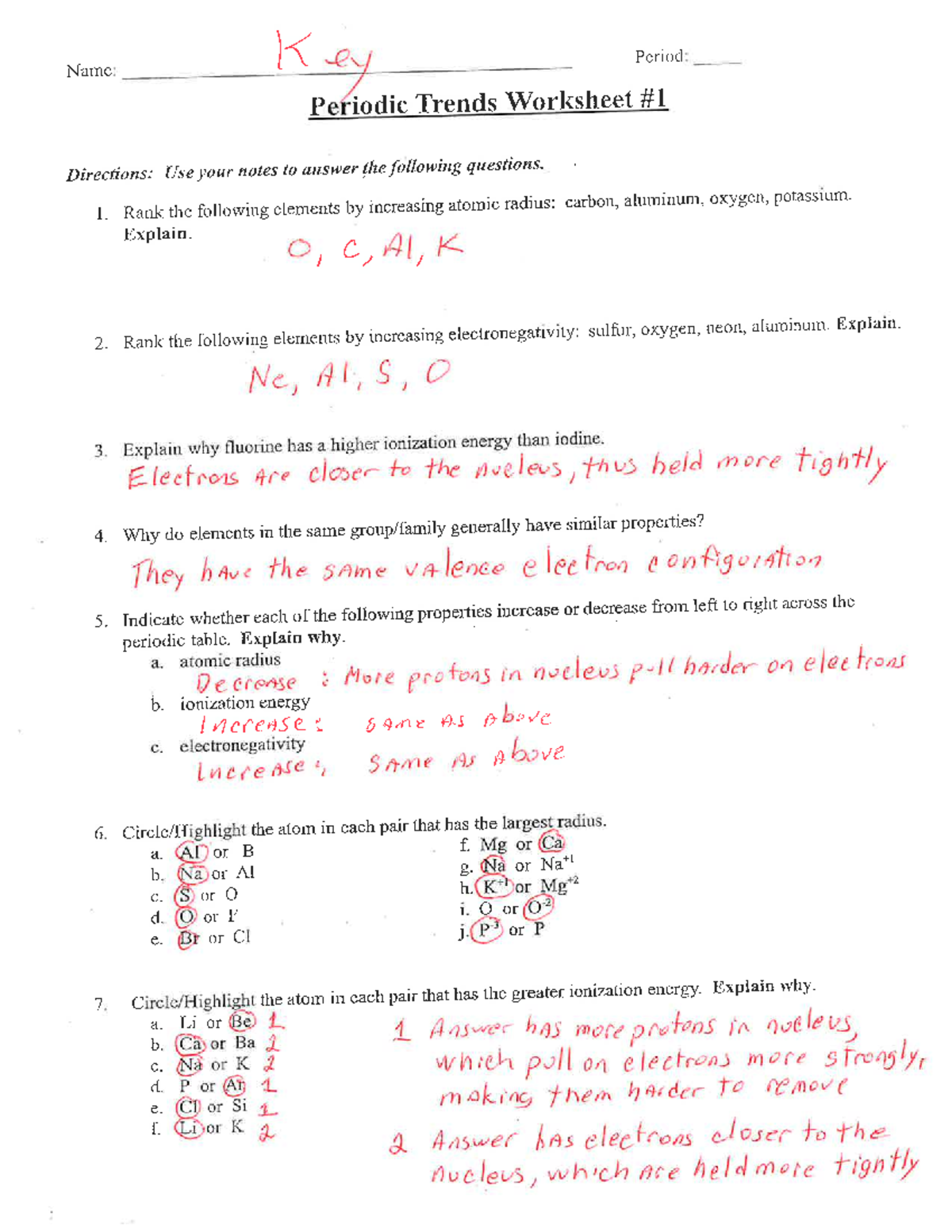 Periodic Trends WS#1 KEY: Understanding Atomic Radius & Ionization ...