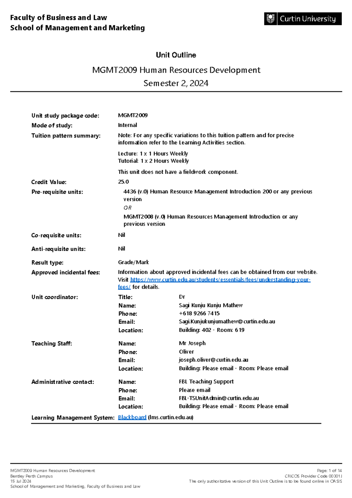MGMT2009 Human Resources Development Unit Outline Semester 2, 2024 ...