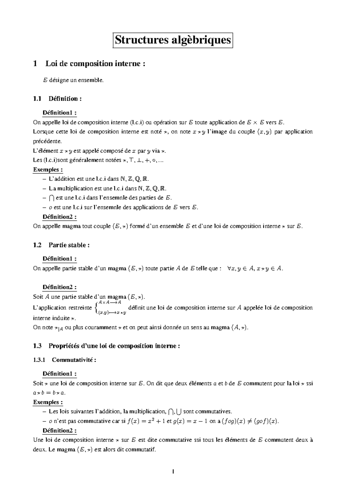 Chap1 Alg1: Structures algèbriques en Loi de Composition Interne - Studocu