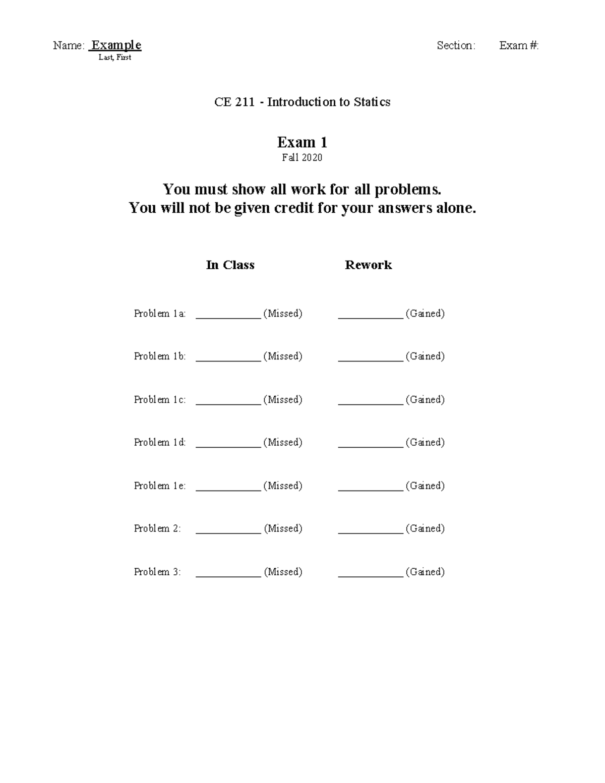 CE 211 - Introduction to Statics Exam 1 - Fall 2020 - Studocu