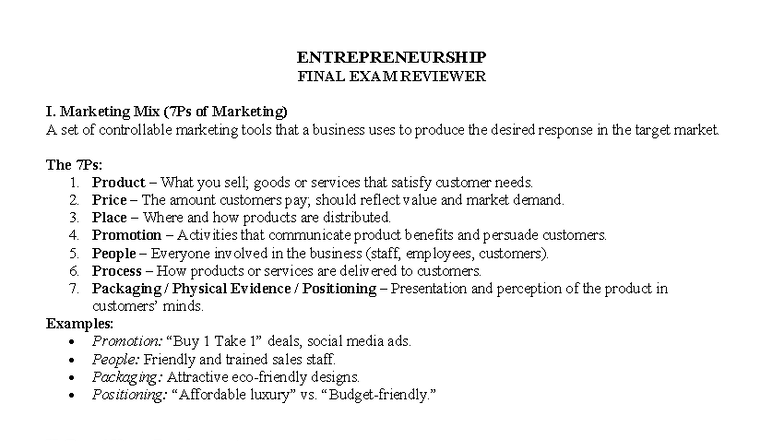 ENTREPRENEURSHIP FINAL EXAM REVIEWER: Marketing Mix & Brand Development ...