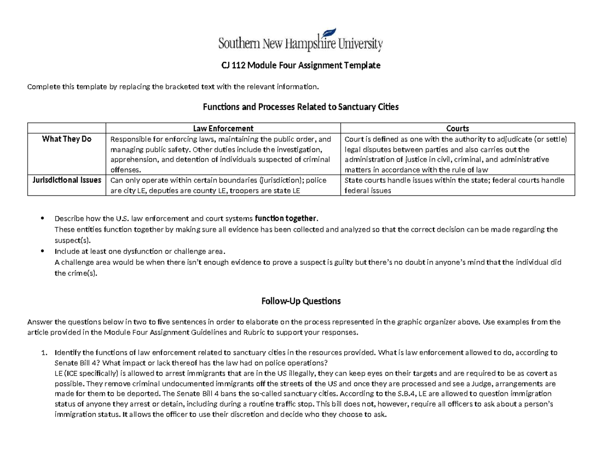 CJ 112 Module 4 Assignment: Functions of Law Enforcement in Sanctuary ...