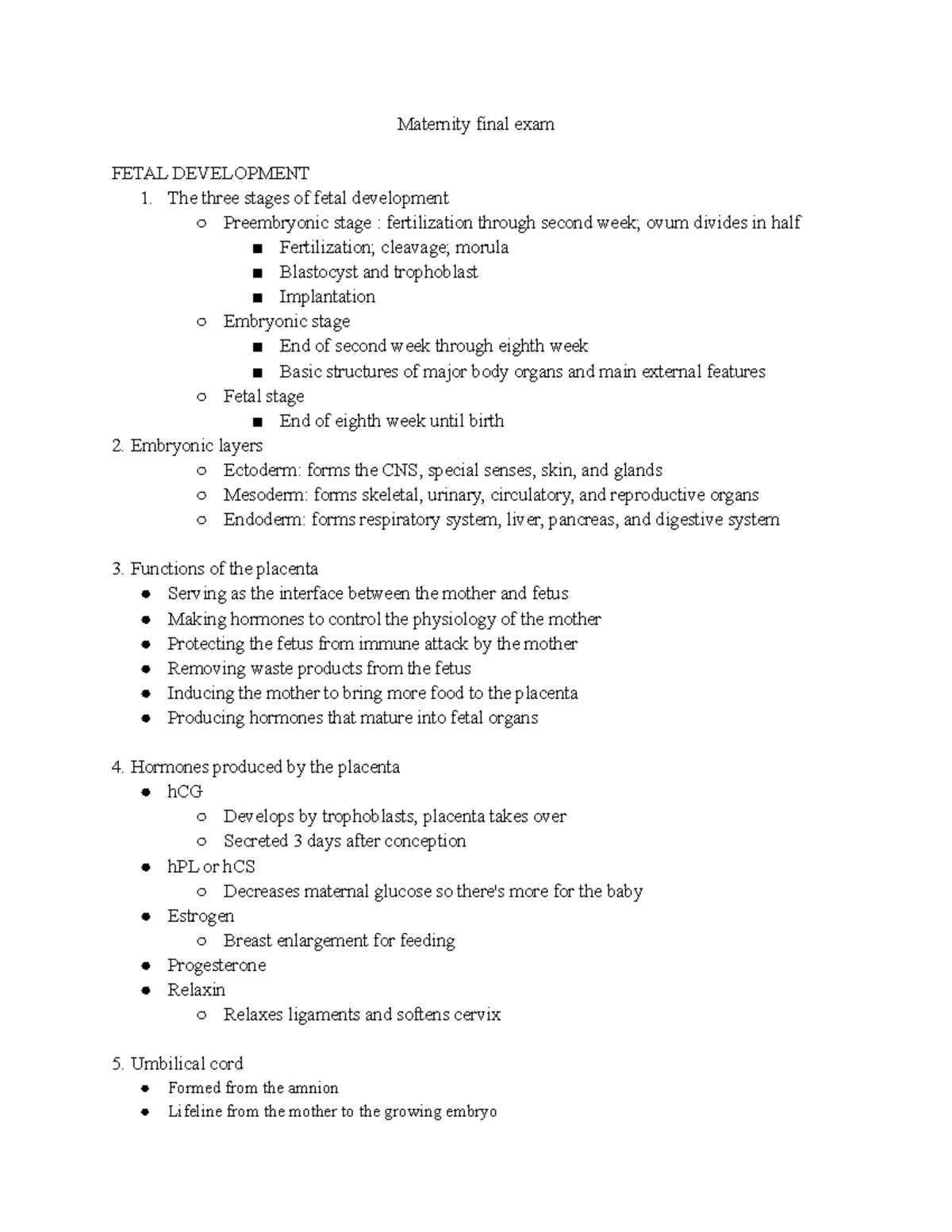 Maternity NUR 101 Final Exam - Lecture Notes on Fetal Development - Studocu
