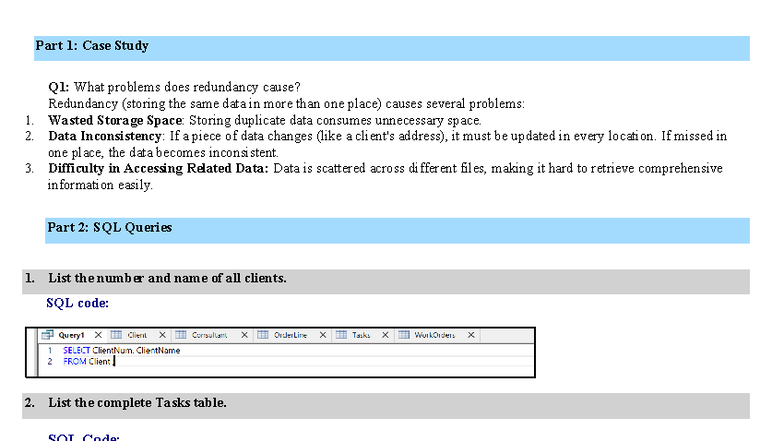 SQL - EXERCISES: Case Study on Redundancy & SQL Queries - Studocu