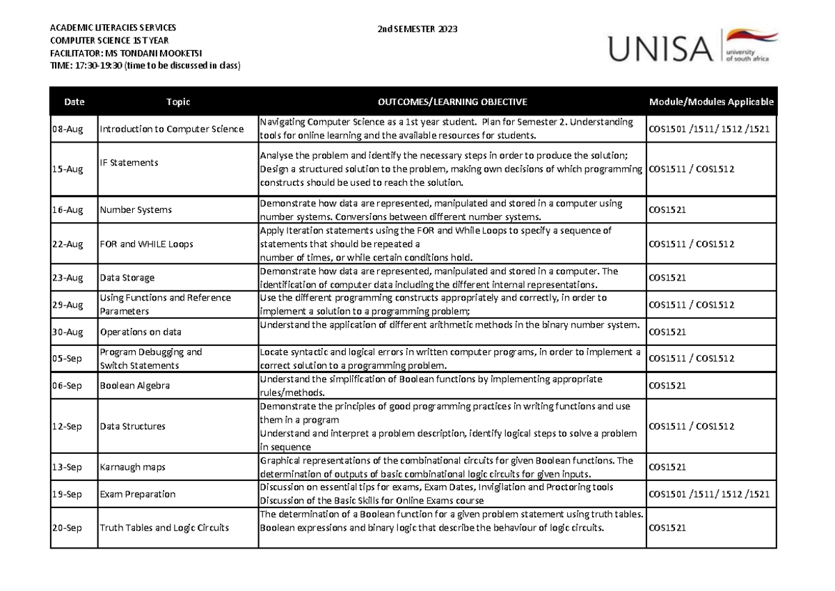 2nd Semester Lesson Plan for Computer Science 1st Year - COS1501/1511/ ...