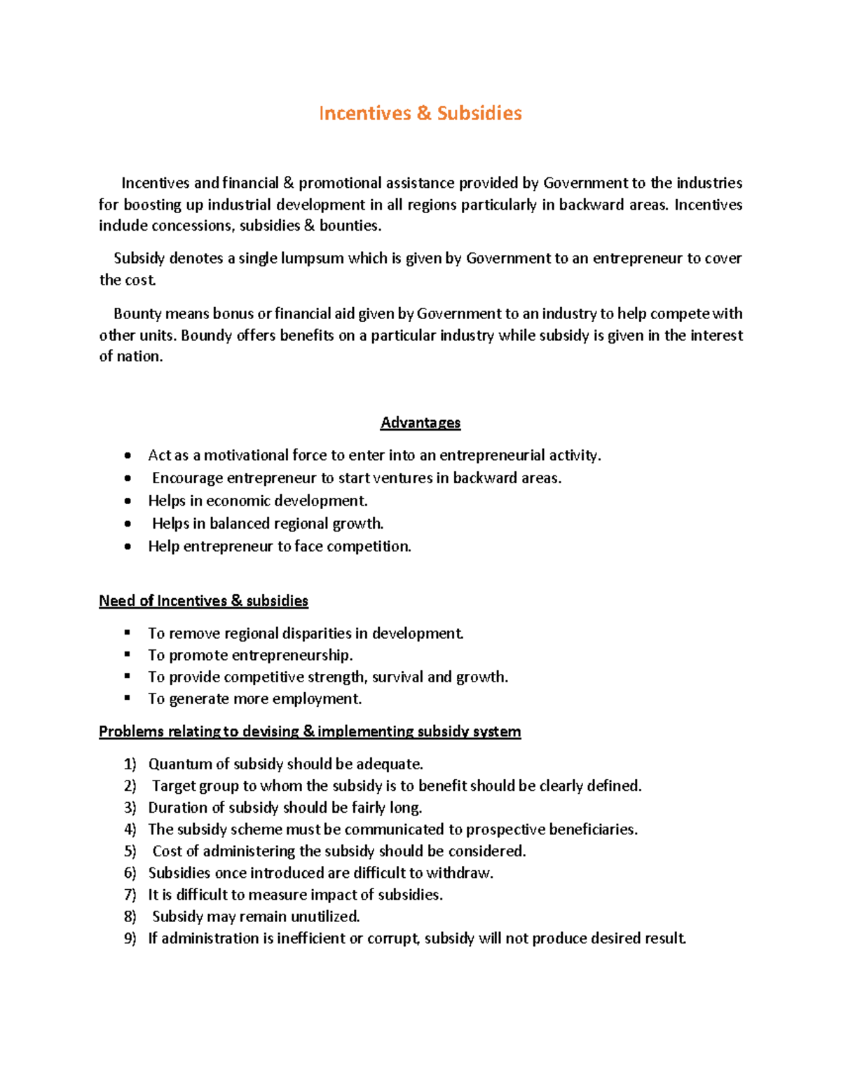 Incentives&Subsidies, advantages, need and problems in implimenting ...