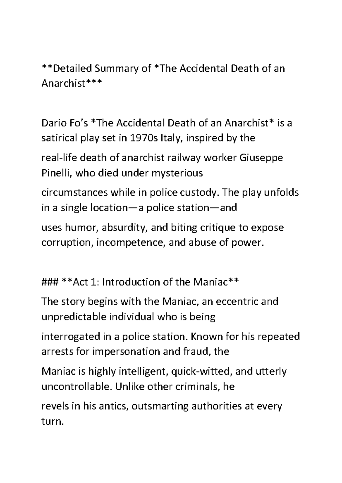 Detailed Summary of "Accidental Death of an Anarchist" (Drama) - Studocu