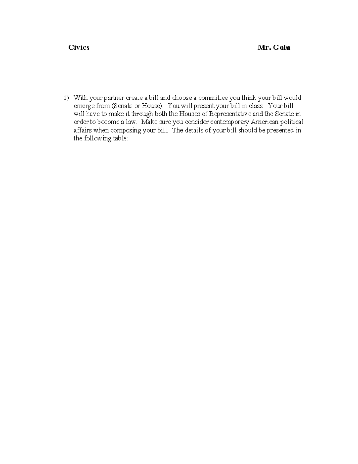 Civics Bill Simulation: Creating Legislation with Mr. Gola - Studocu