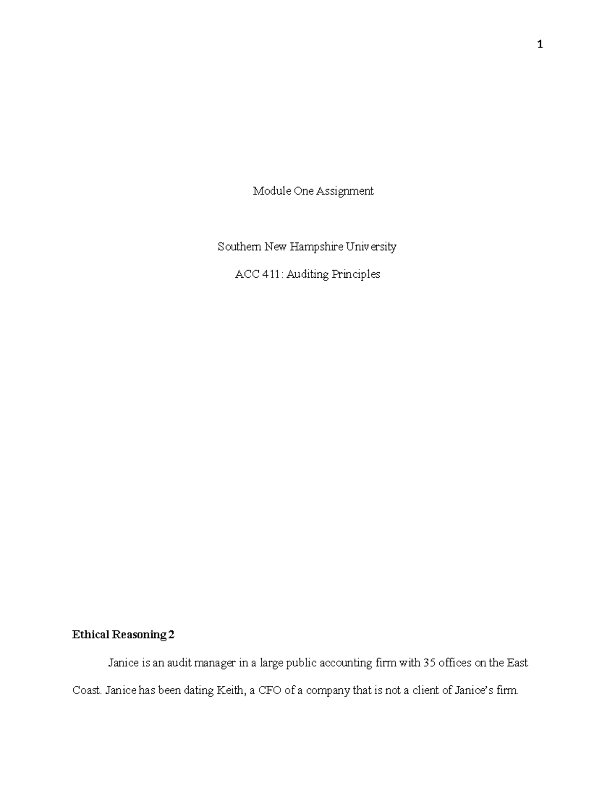 ACC 411: Auditing Principles - Module One Assignment on Ethical ...