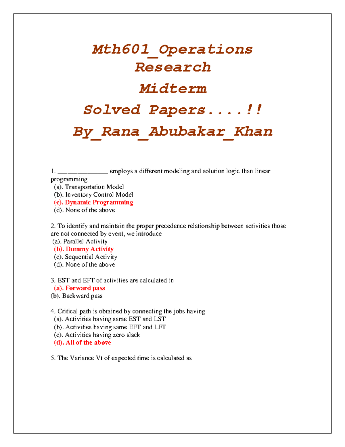 MTH601 Operations Research Midterm Solved Papers by Rana Abubakar Khan ...