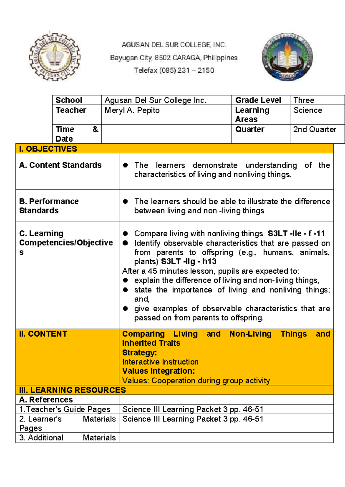 Science Lesson Plan: Living vs. Nonliving Things (GR 3LP 082653) - Studocu