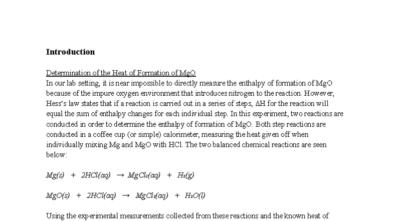Thermodynamics Lab Report: Heat of Formation of MgO and Specific Heat ...