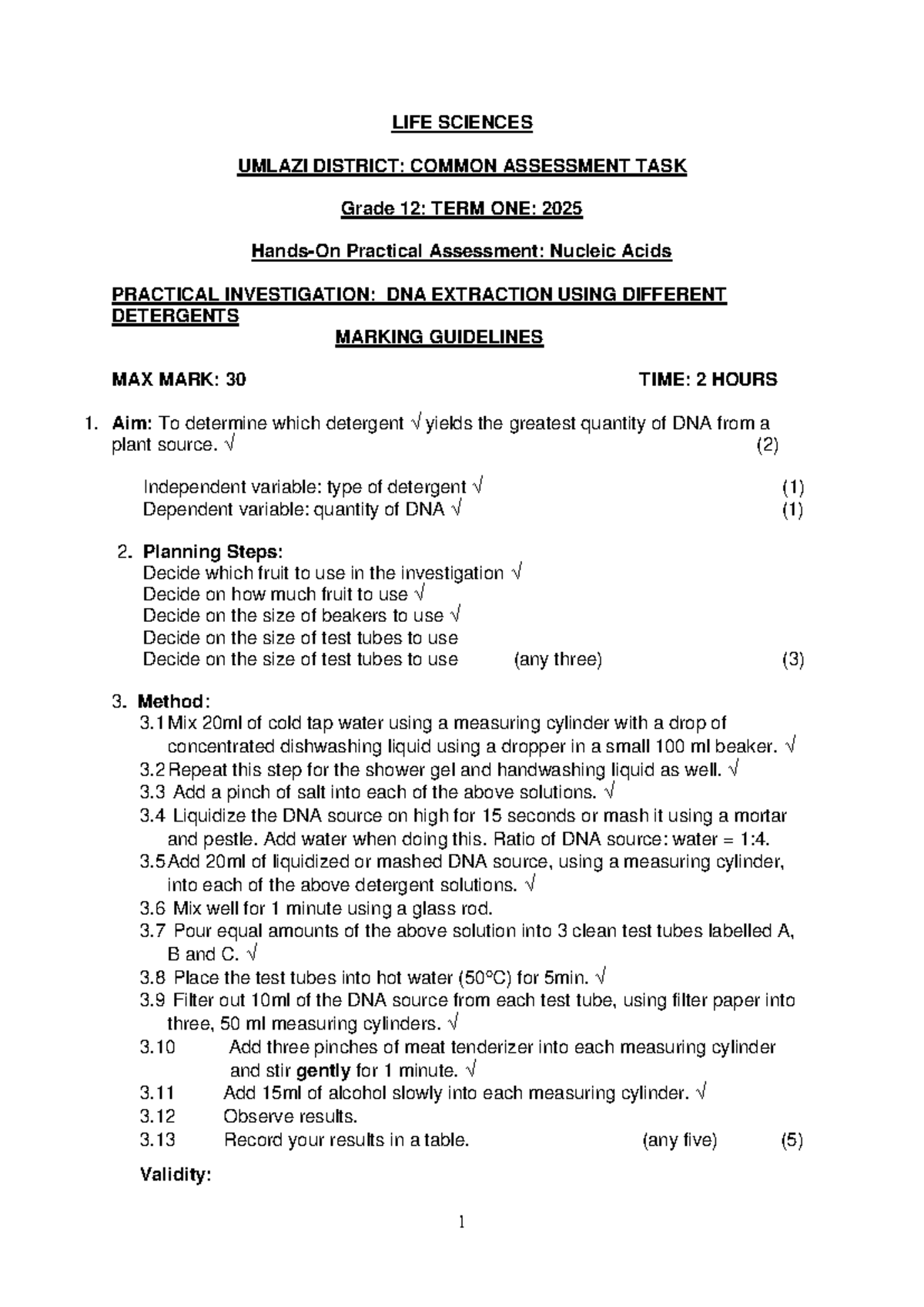 LIFE SCIENCES G12: Practical DNA Extraction Assessment Guidelines - Studocu