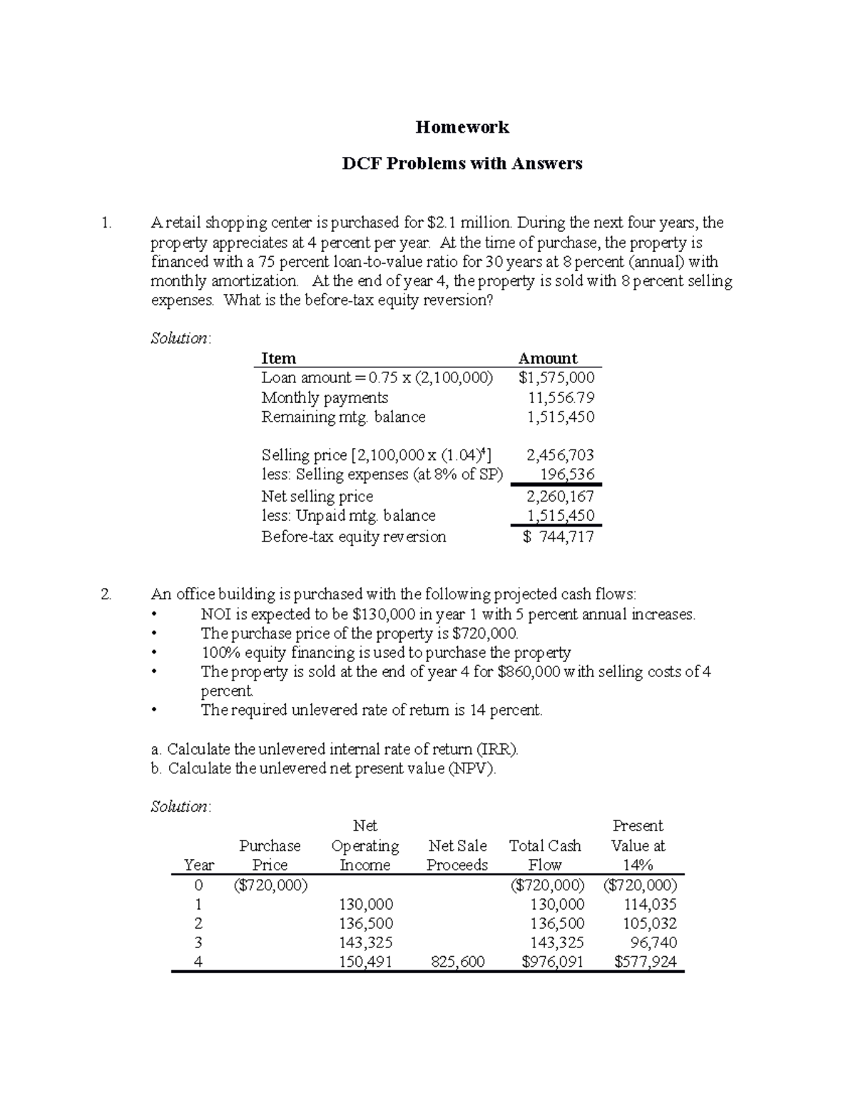 Homework DCF Problems & Solutions with Calculations - Studocu