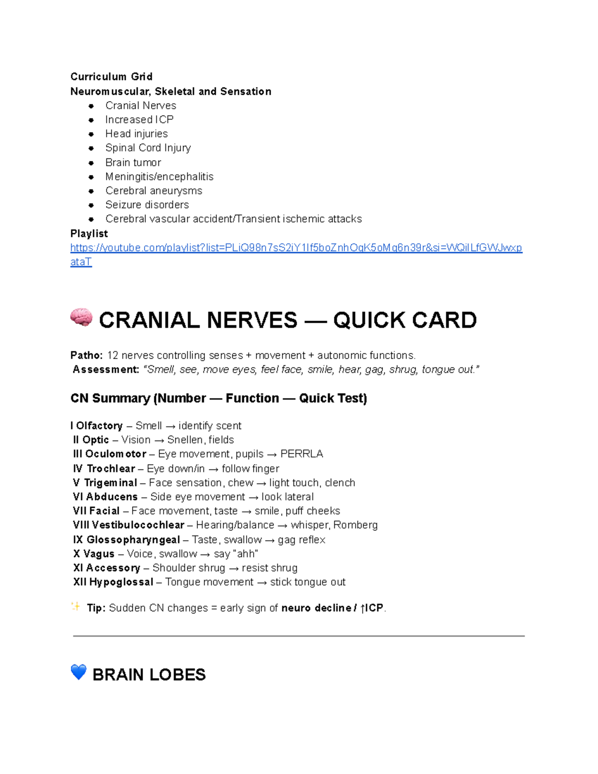 Neuro N3 - Quick Reference for Cranial Nerves and Ischemic Conditions ...