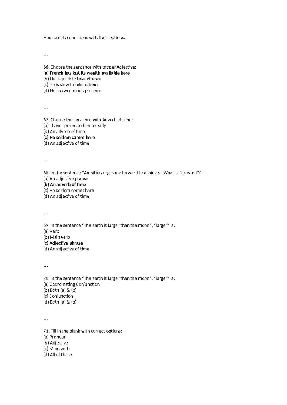 Adjective and Adverb Questions with Options for Exam Preparation - Studocu