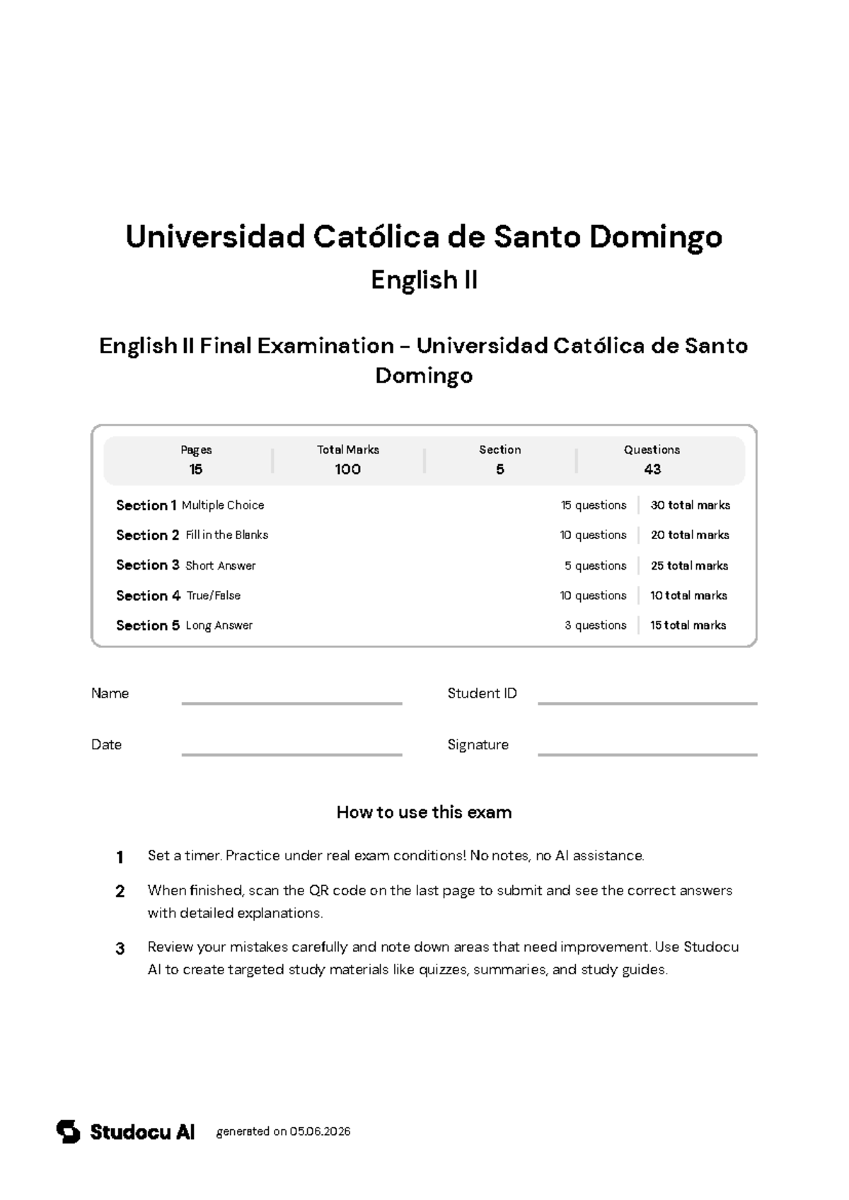 English II Final Exam - Universidad Católica de Santo Domingo - Studocu