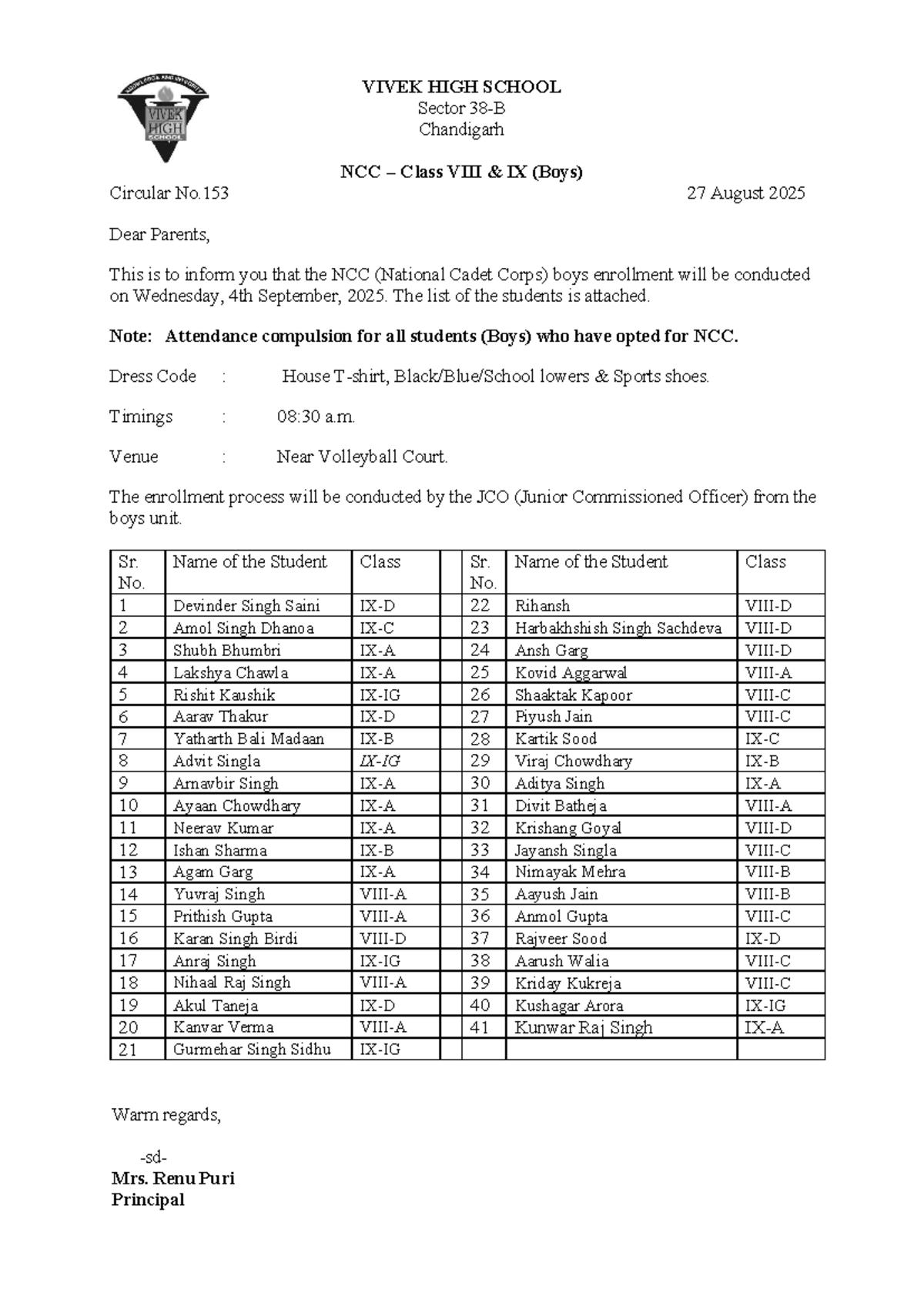 NCC Enrollment Circular for Class IX Boys - VIVEK HIGH SCHOOL - Studocu