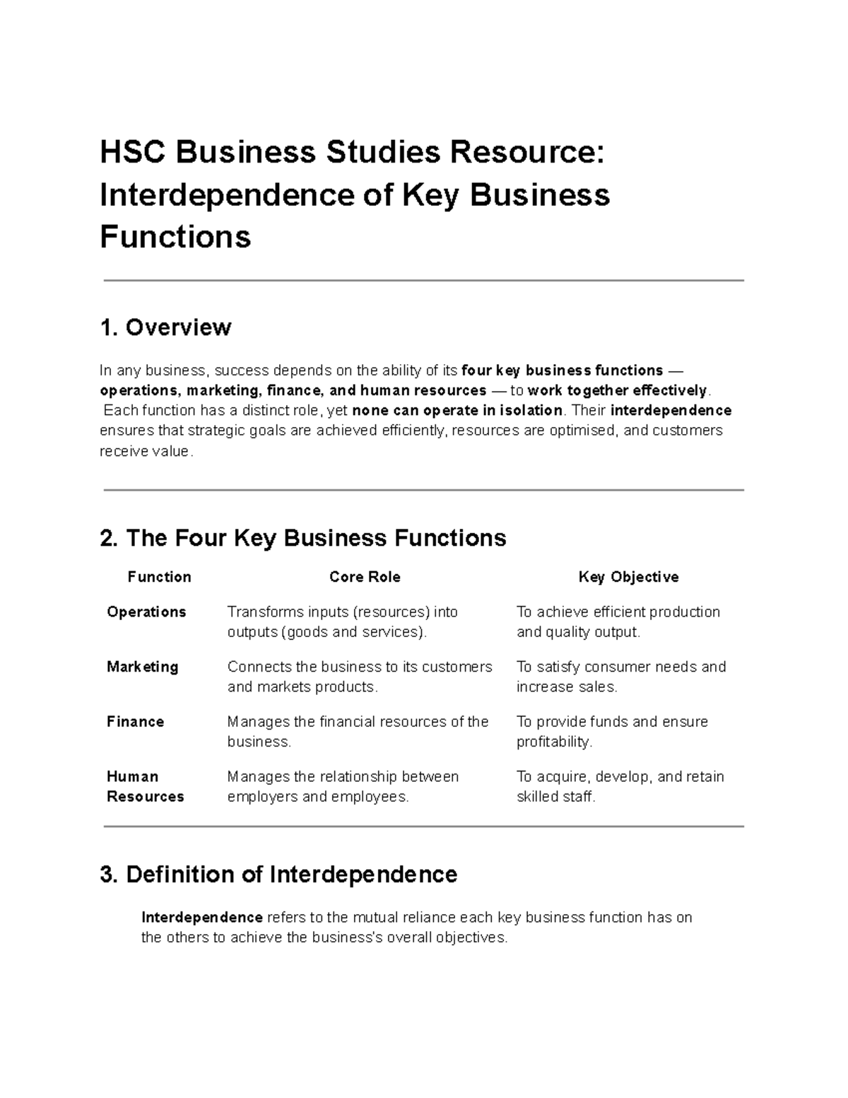 HSC Business Studies: Interdependence of Key Business Functions ...